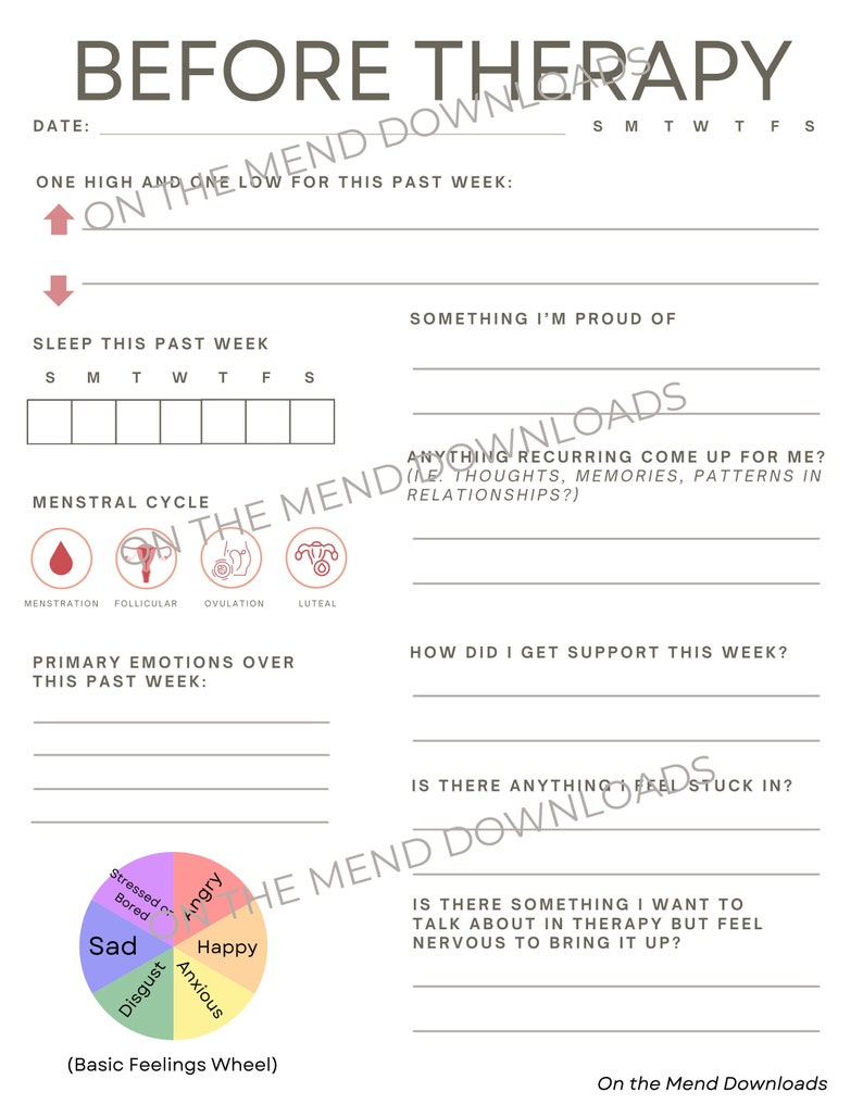 Worksheet to Prepare for Therapy Sessions - Etsy