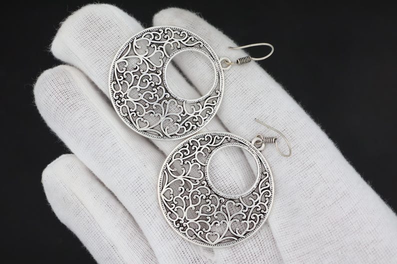 Buy Intricate Silver Filigree Hoop Earrings With Heart Motif – Elegant ...
