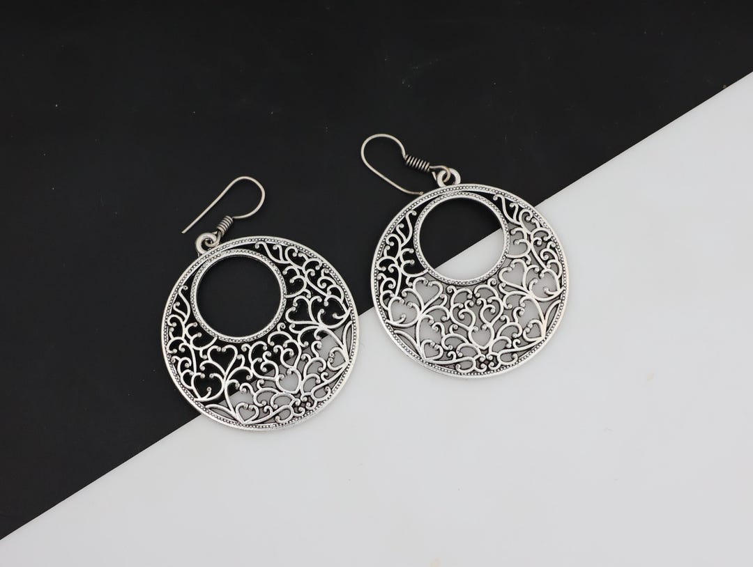 Buy Intricate Silver Filigree Hoop Earrings With Heart Motif – Elegant ...