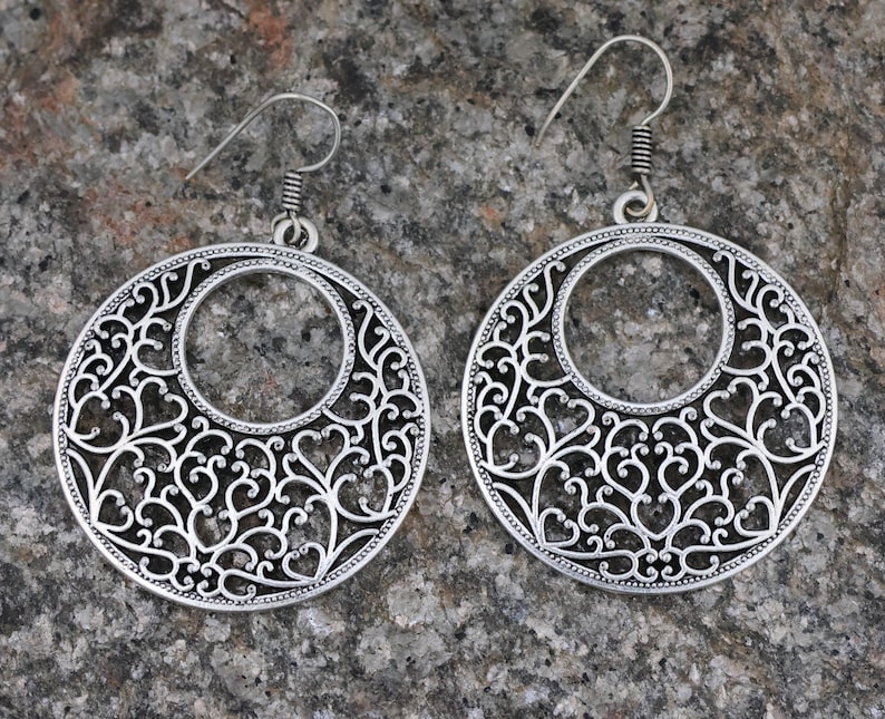 Buy Intricate Silver Filigree Hoop Earrings With Heart Motif – Elegant ...