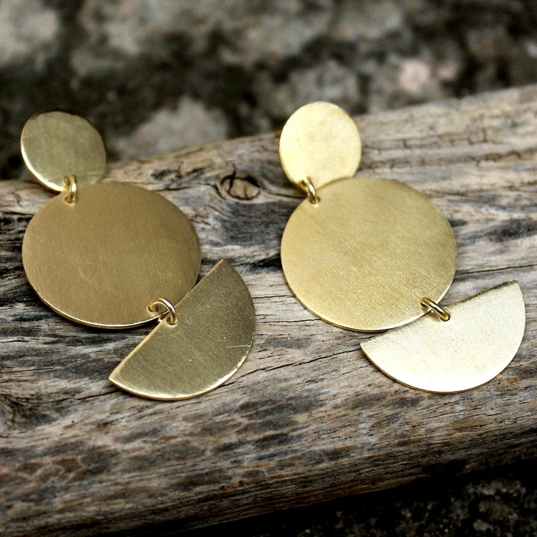 Geometric Gold Dangle Earrings - Abstract Circle & Half Moon Drop ...