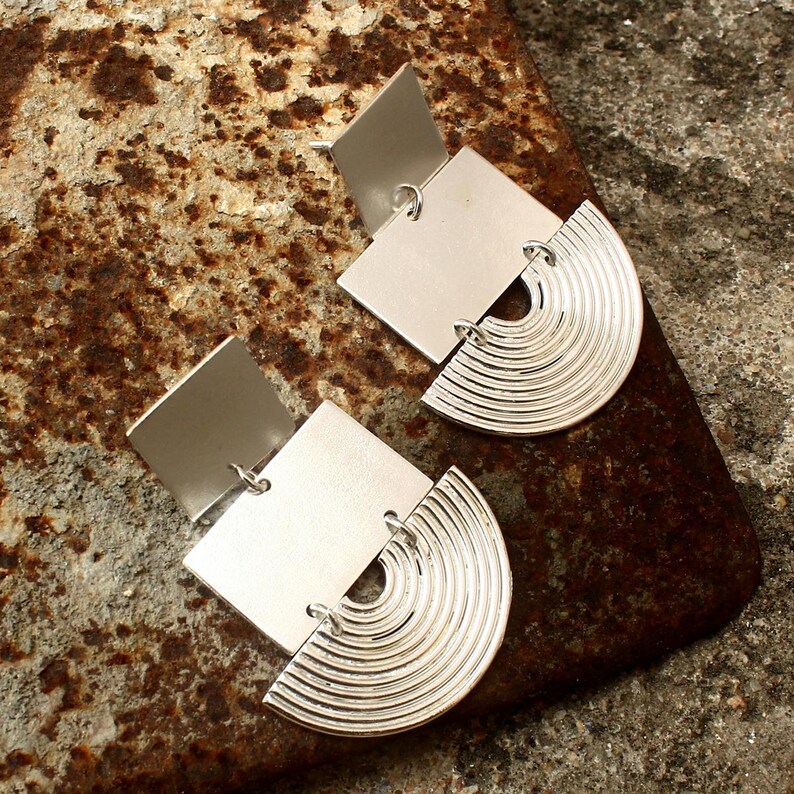 Handmade Geometric Silver Statement Earrings | Modern Abstract Layered ...