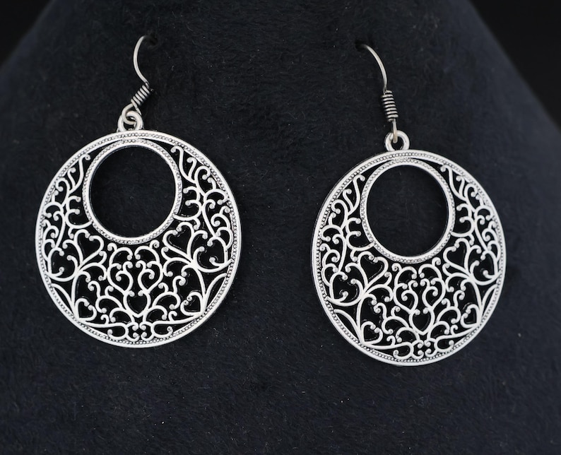 Buy Intricate Silver Filigree Hoop Earrings With Heart Motif – Elegant ...