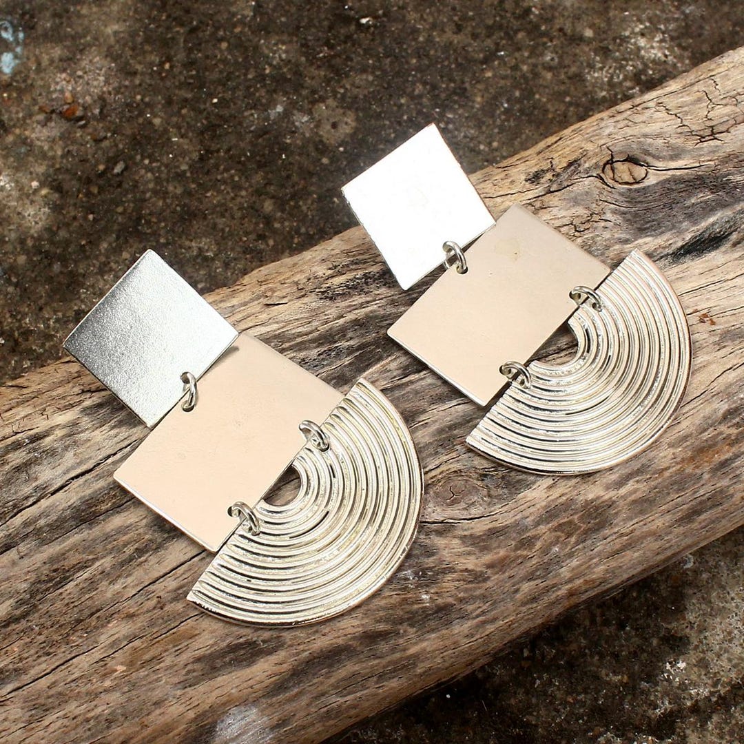 Handmade Geometric Silver Statement Earrings | Modern Abstract Layered ...