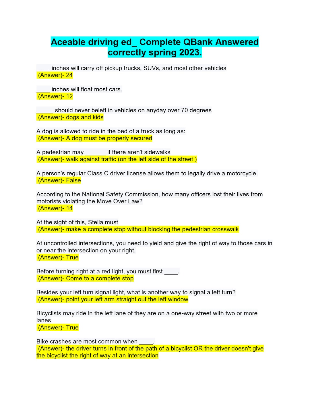 Aceable Driving Ed_ Complete Qbank Answered Correctly Spring 2023. - Etsy