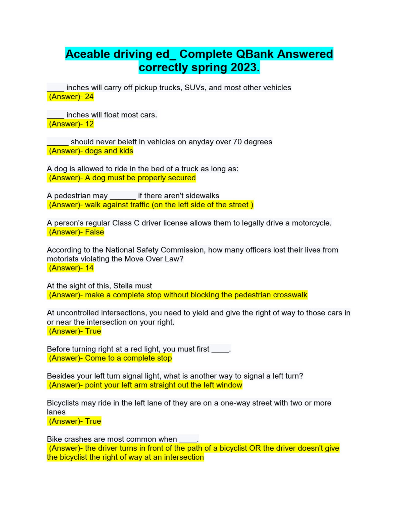 Aceable Driving Ed_ Complete Qbank Answered Correctly Spring 2023. - Etsy