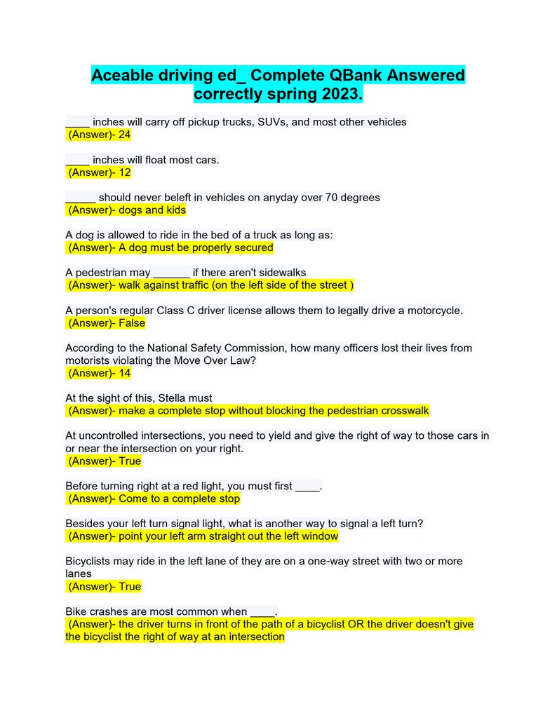 Aceable Driving Ed_ Complete Qbank Answered Correctly Spring 2023. - Etsy
