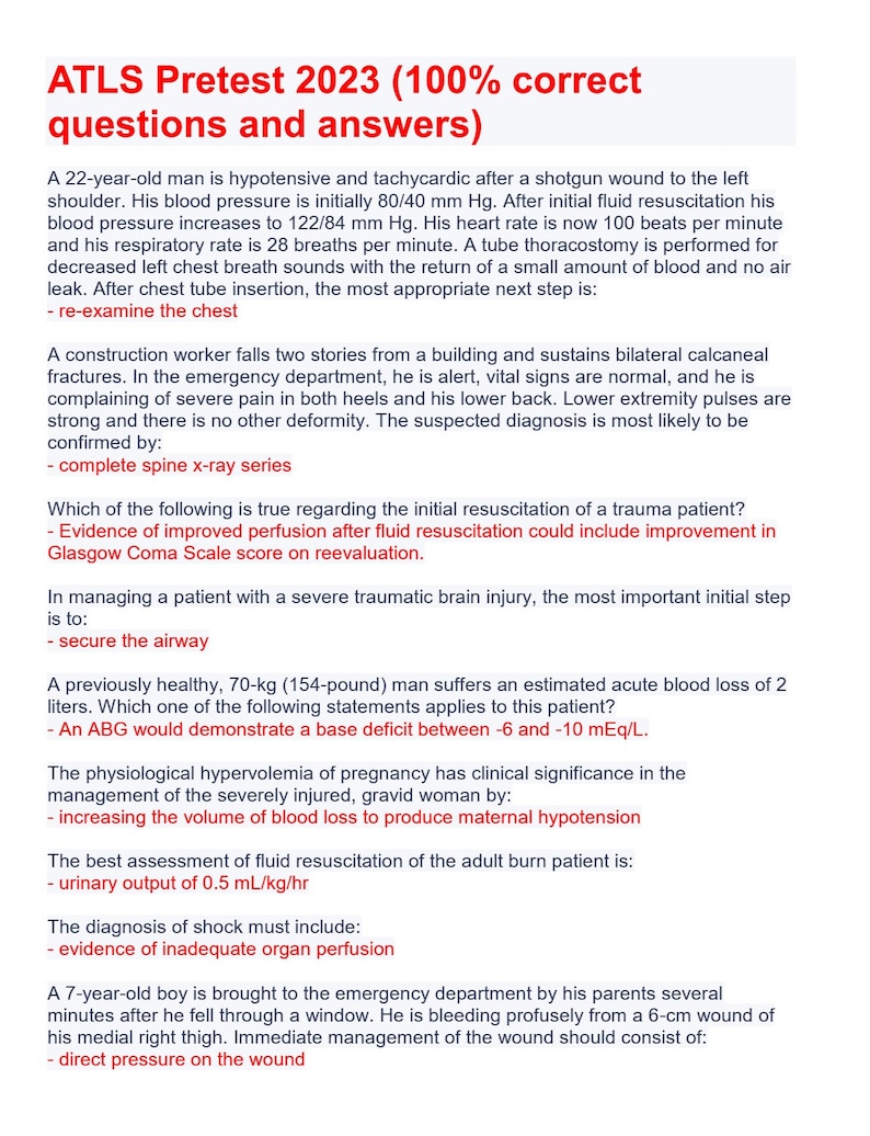 ATLS Pretest 2023 (100% Correct Questions and Answers) - Etsy