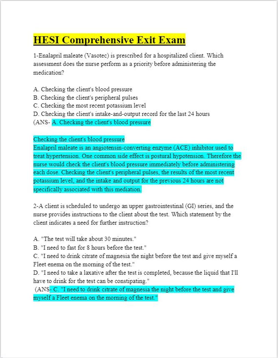 HESI Comprehensive Exit Exam - Etsy