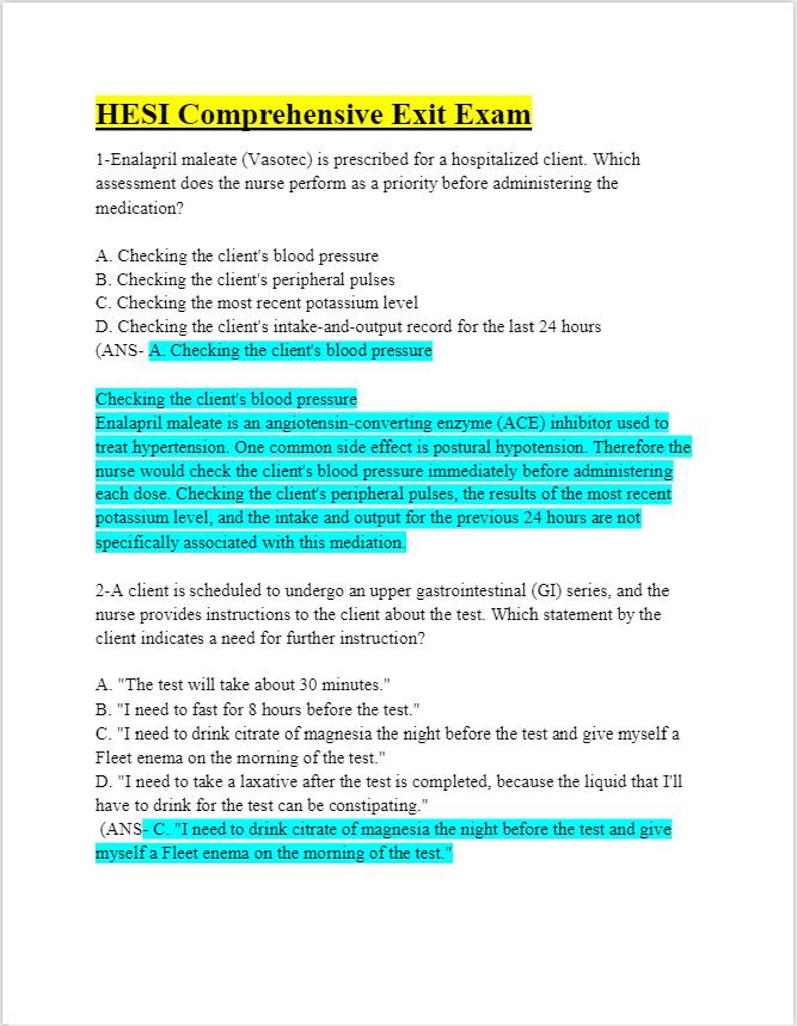 HESI Comprehensive Exit Exam - Etsy