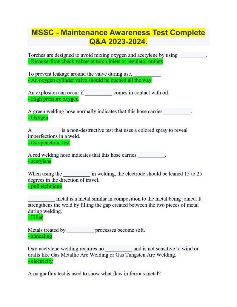 MSSC - Maintenance Awareness Test Complete Q&A 2023-2024. - Etsy