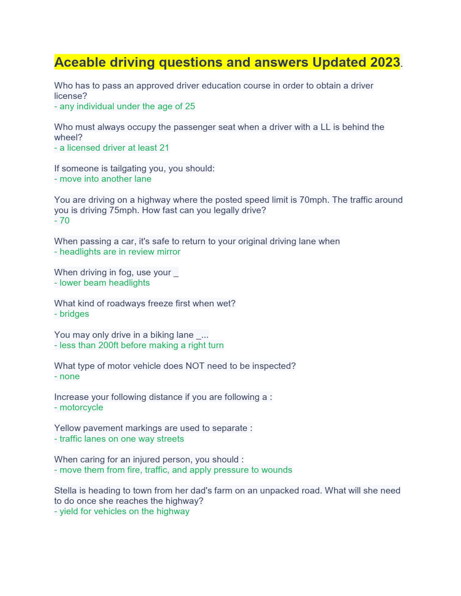 Aceable Driving Questions and Answers Updated 2023. - Etsy
