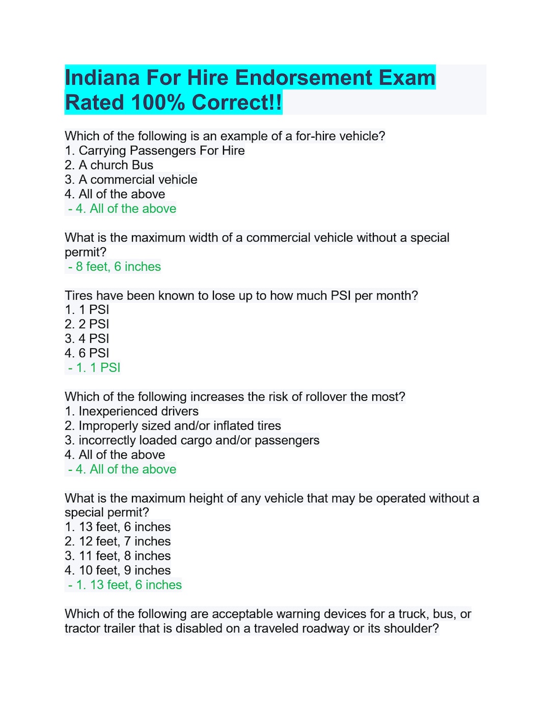 Indiana for Hire Endorsement Exam Rated 100% Correct!! - Etsy