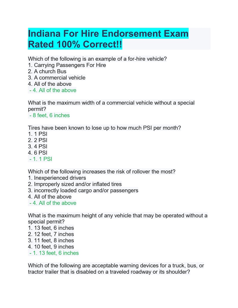 Indiana for Hire Endorsement Exam Rated 100% Correct!! - Etsy