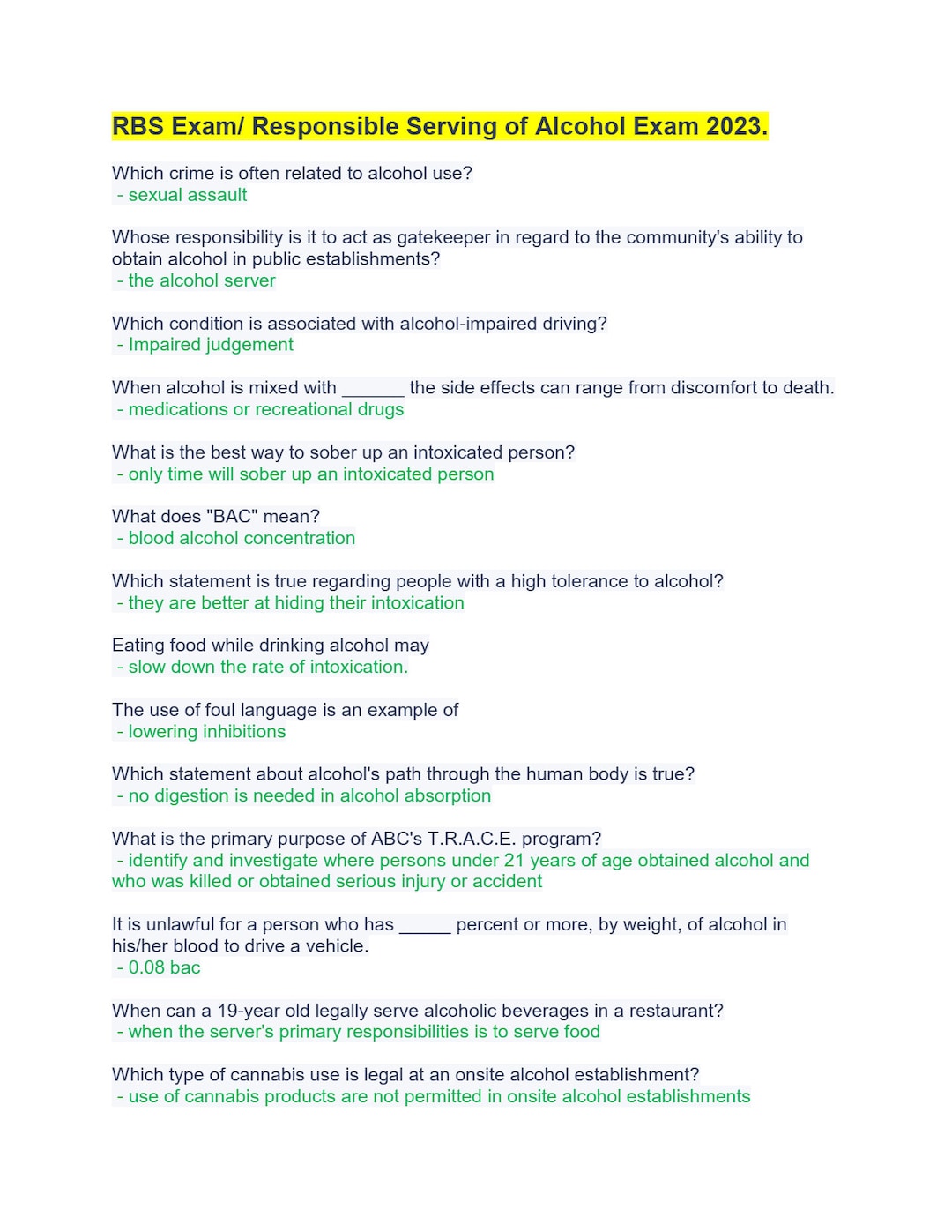 RBS Exam/ Responsible Serving of Alcohol Exam 2023. - Etsy