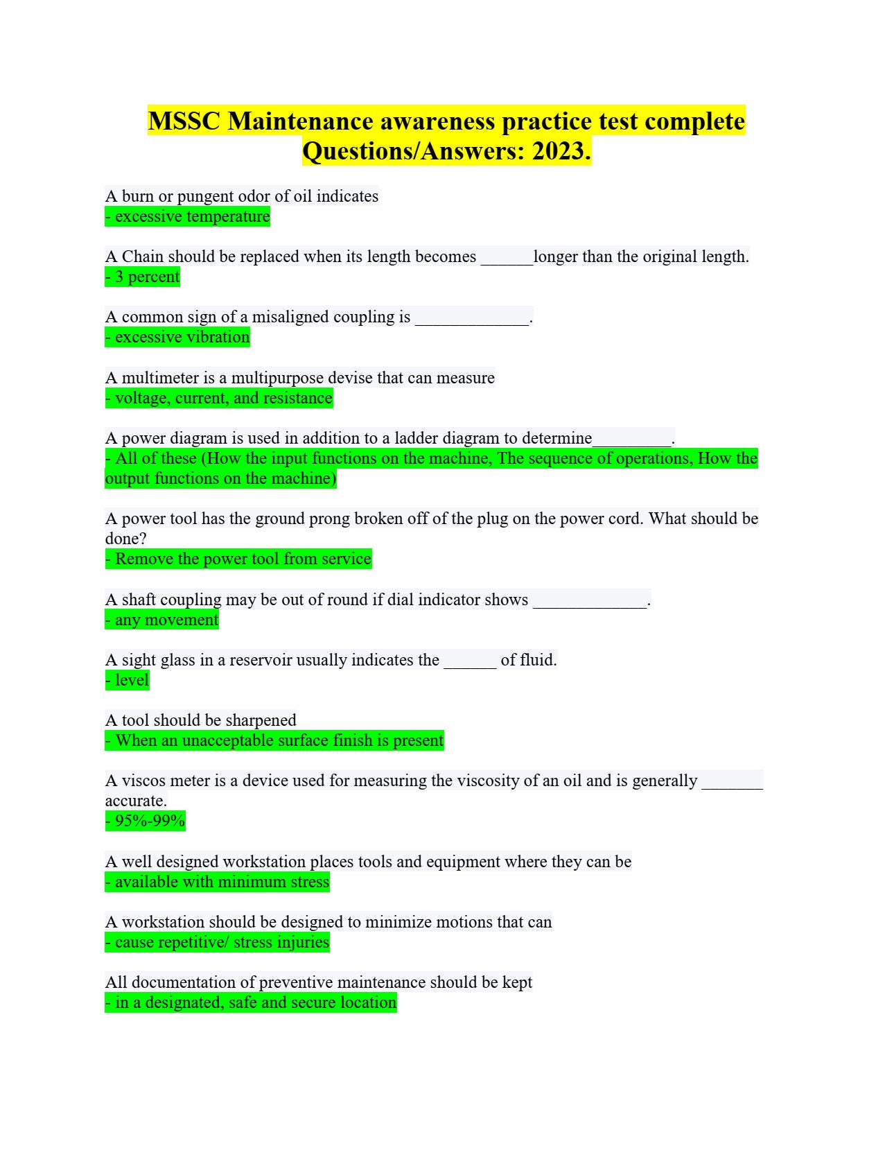 MSSC Maintenance Awareness Practice Test Complete Questions/answers ...