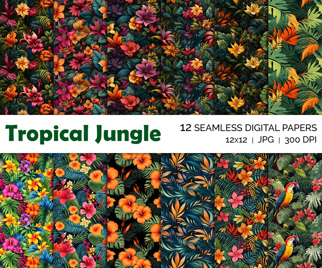 Tropical Jungle Leaves Seamless Patterns, Colorful Floral Digital Paper ...