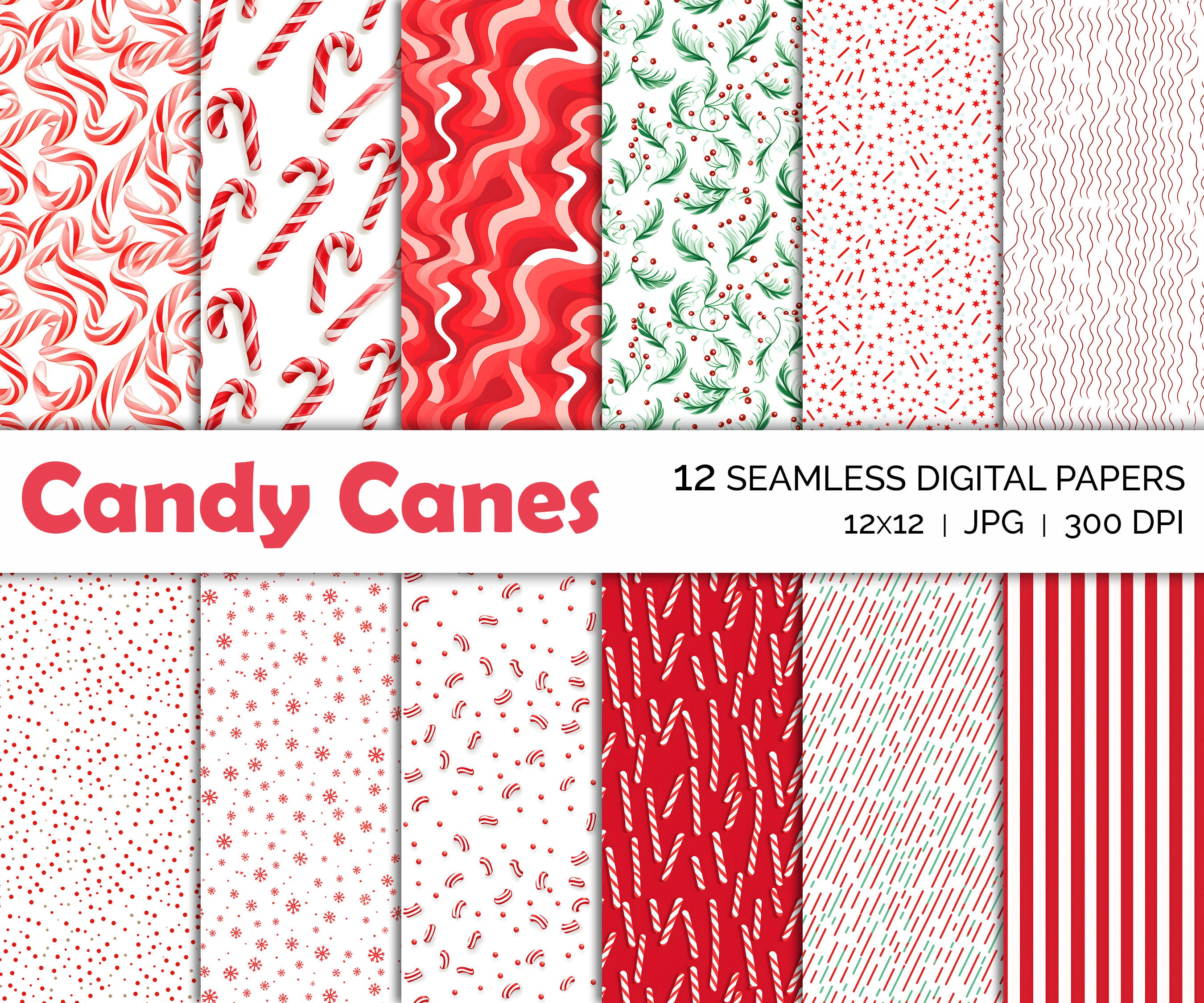 Christmas Candy Seamless Patterns, Red Candy Cane Digital Paper ...