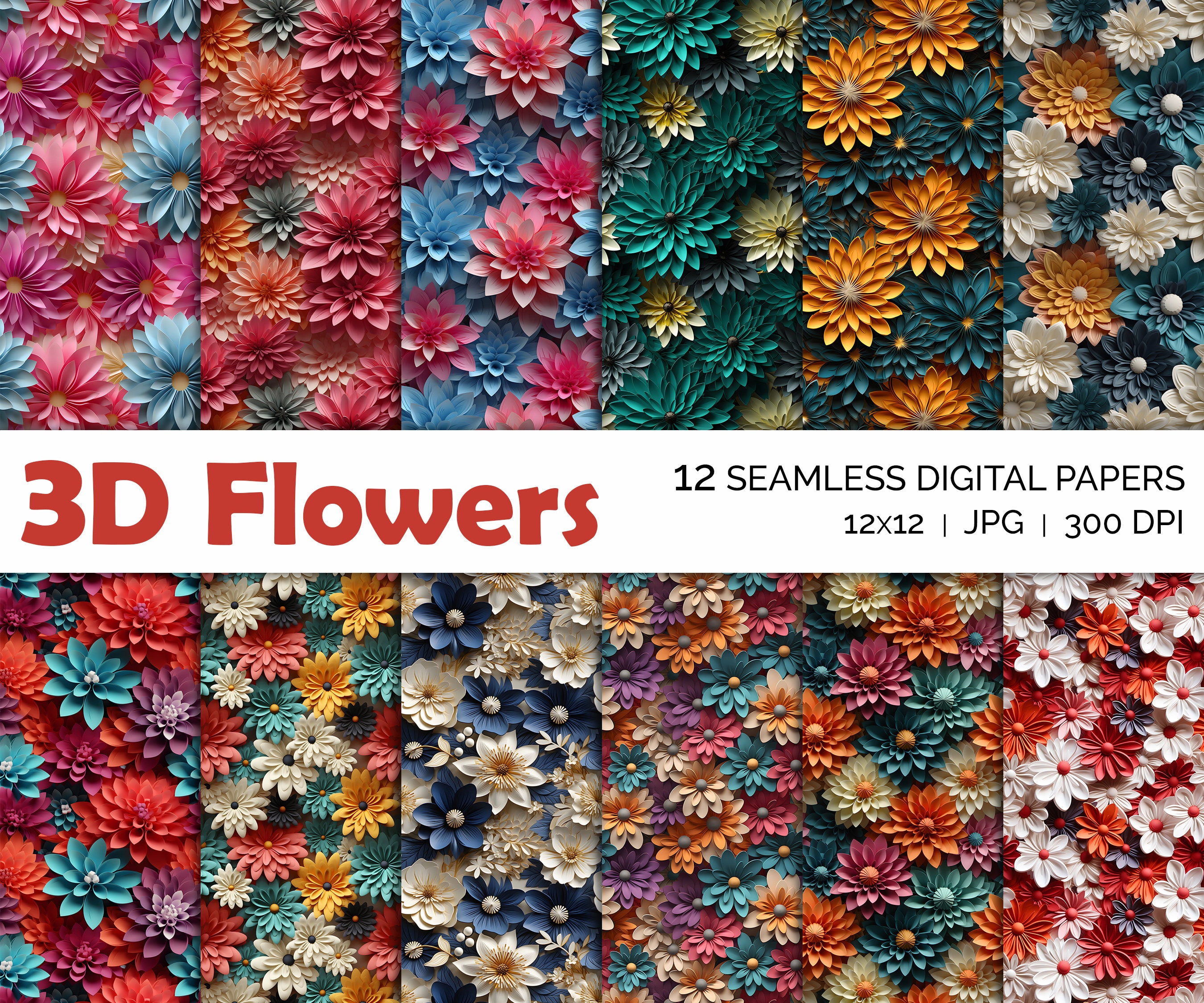 3D Flower Medley Seamless Patterns, Floral Sublimation 3D Digital Paper ...