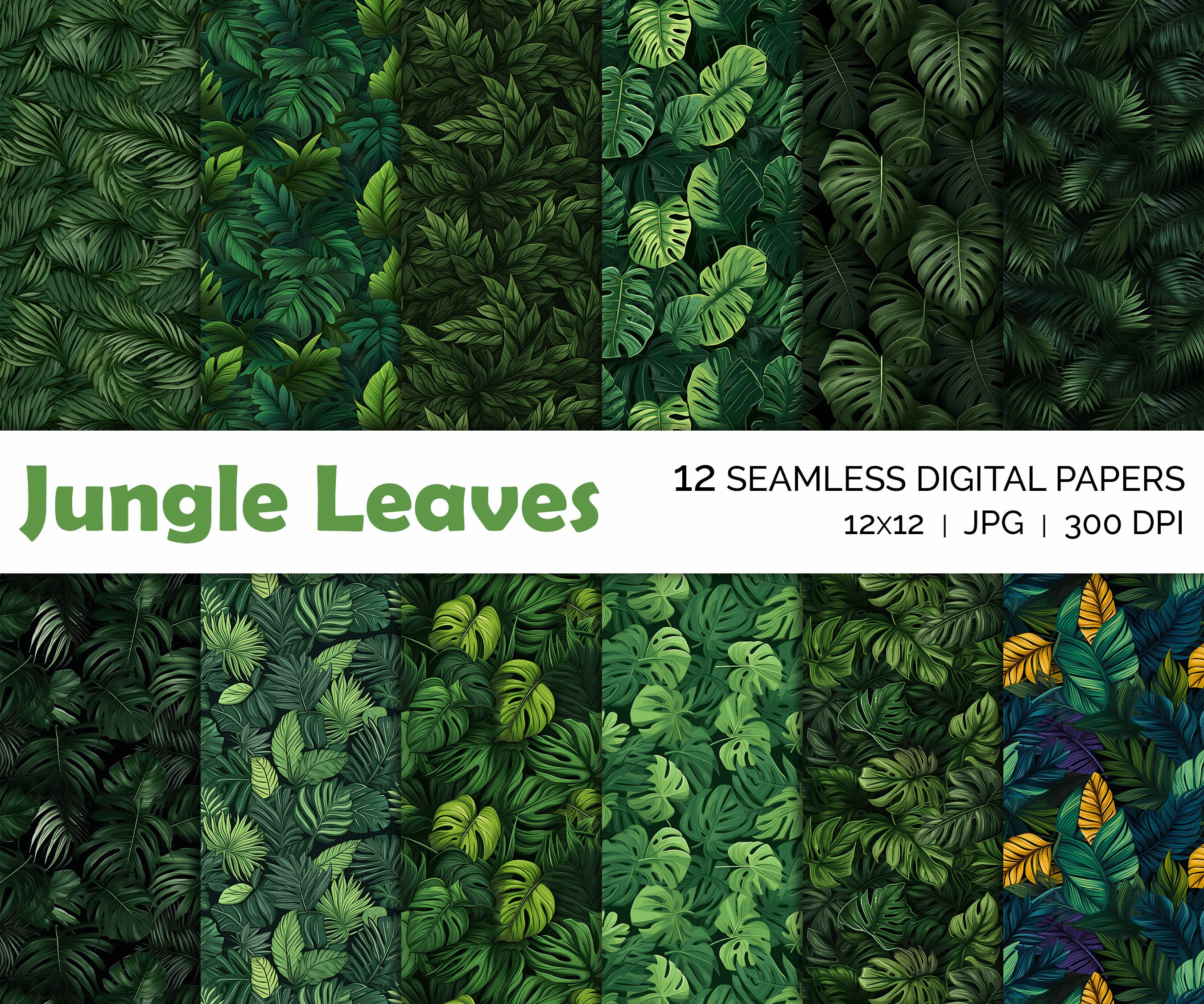 Jungle Leaves Seamless Patterns, Green Palm Leaf Digital Paper, Instant ...