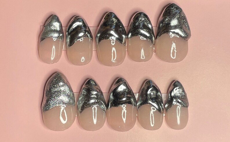3D Abstract Liquid Texture Silver Chrome Drip French Tip Style - Etsy