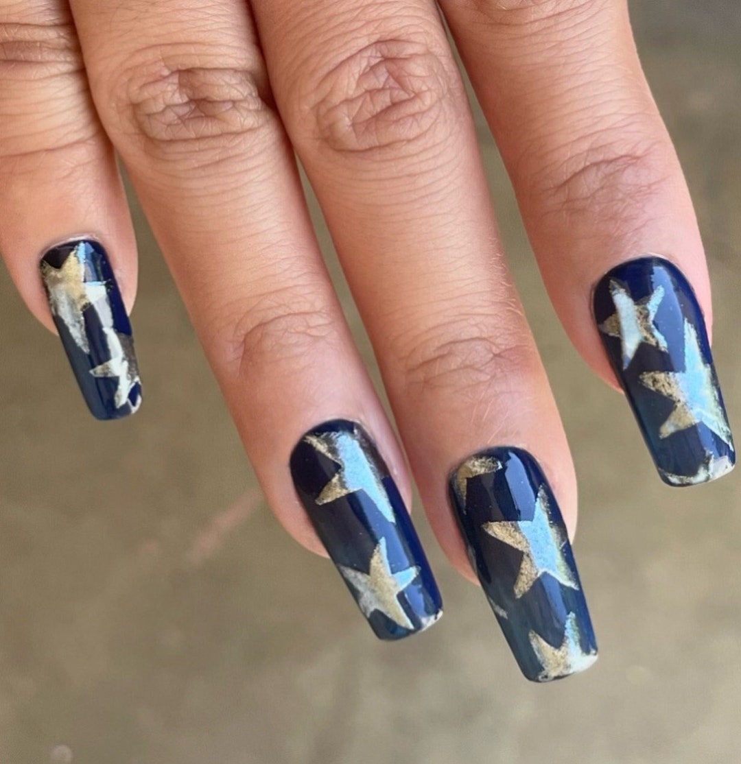 Dark Navy Blue Coraline Silver Star Nails Y2K Alt Rockstar - Etsy