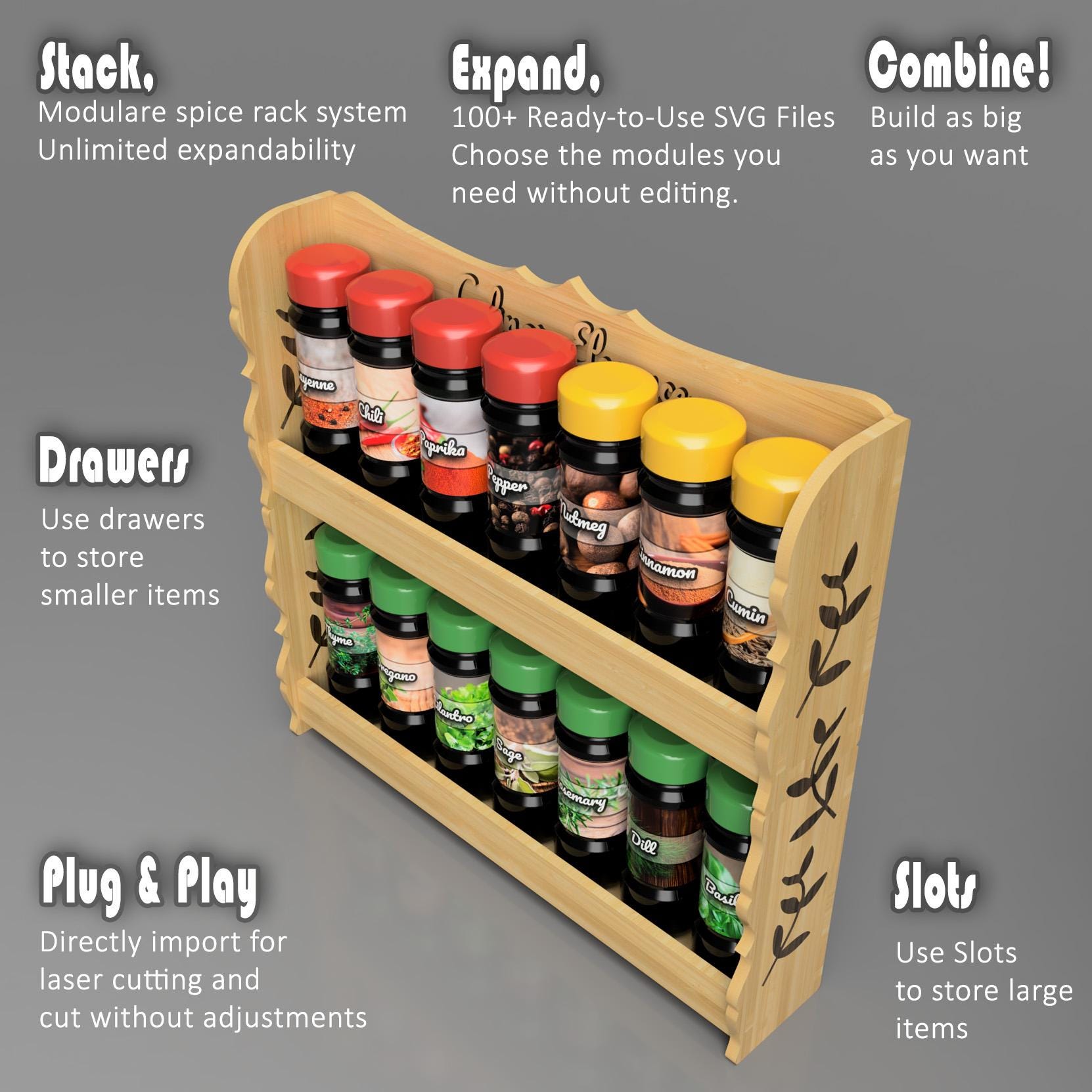 DIY Spice Rack (SVG, DXF, Eps, Pdf) Expandable Kitchen Storage, Laser ...