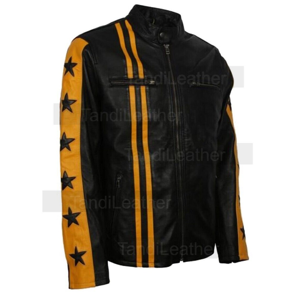 Men's Black and Yellow Striped Biker Jacket Cafe Racer Motorcycle ...