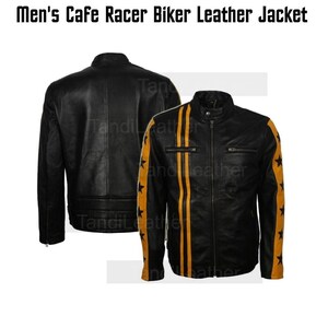Men's Black and Yellow Striped Biker Jacket Cafe Racer Motorcycle ...