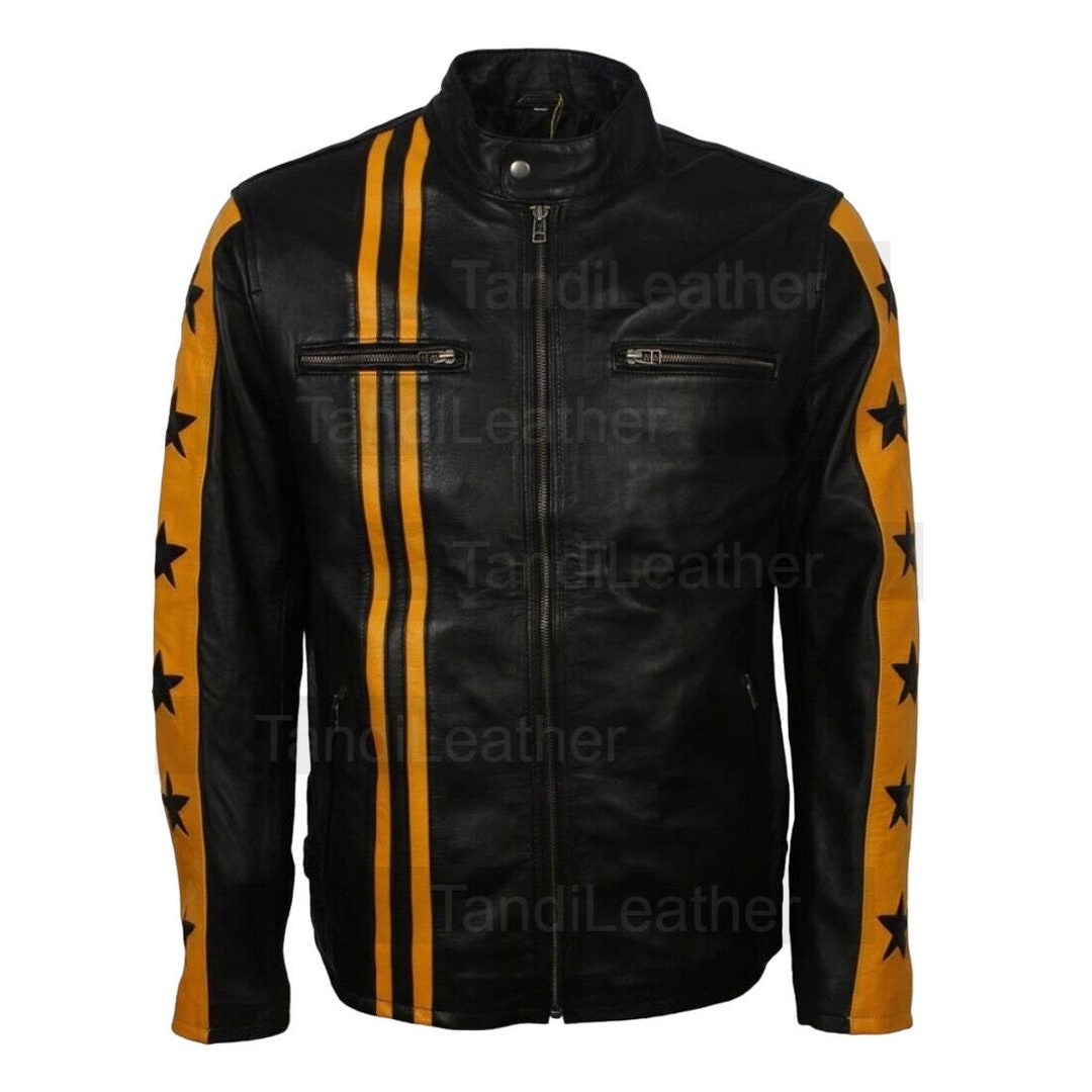 Men's Black and Yellow Striped Biker Jacket Cafe Racer Motorcycle ...