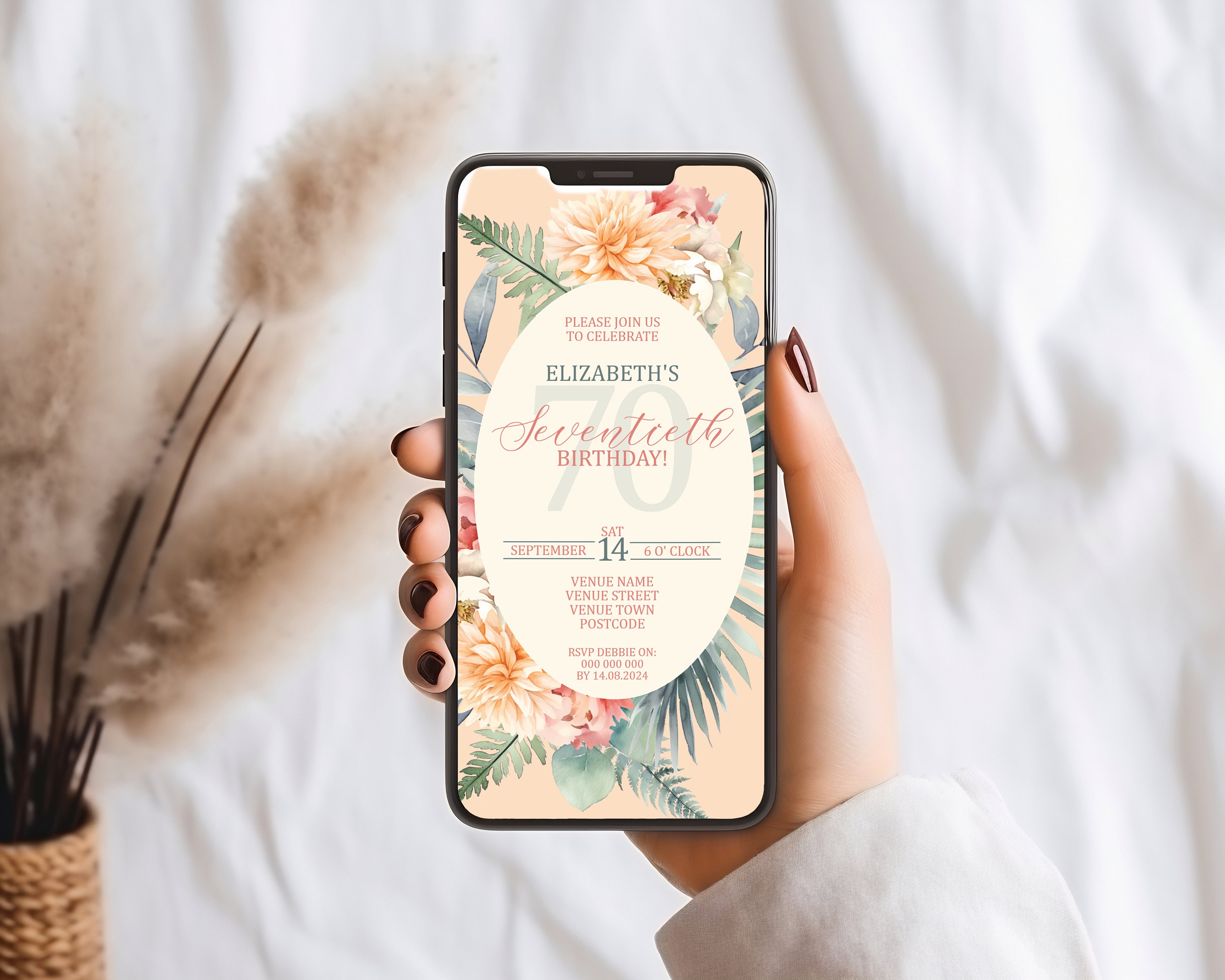 70th Birthday Invitation for Women. Floral Editable Invite Template for ...