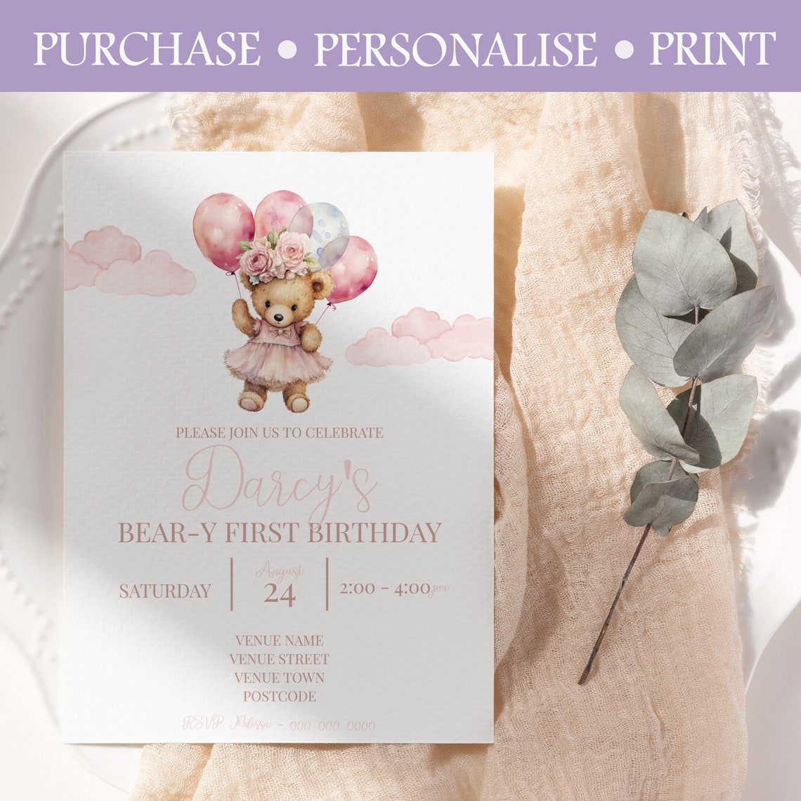 Editable Beary First 1st Birthday, Brown Teddy Bear and Balloons ...