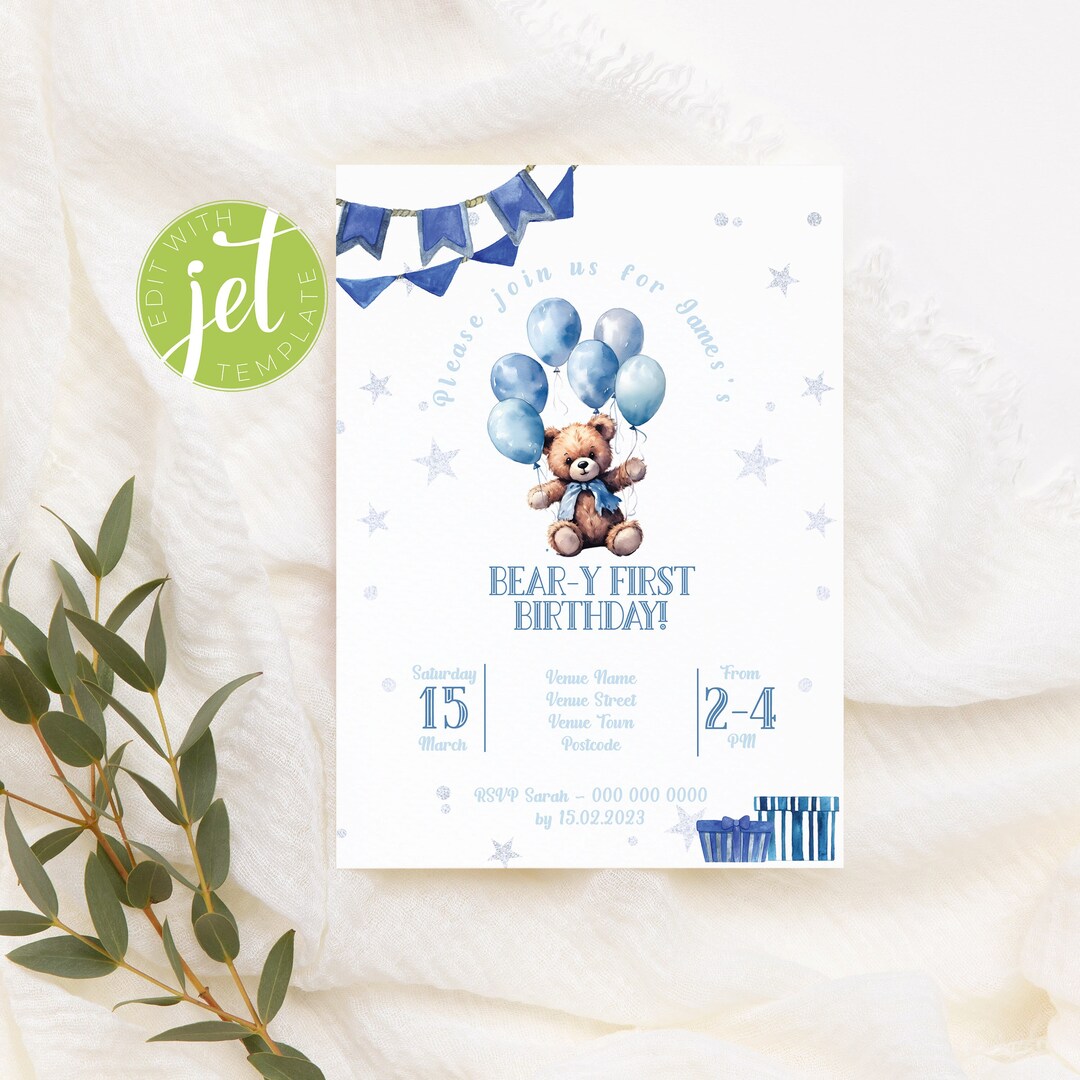 Beary First Birthday Invitation Template. Brown Teddy Bear 1st Birthday ...