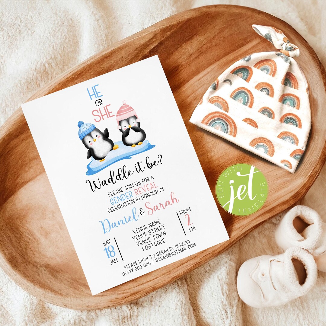 Waddle It Be Gender Reveal Invitation Template. Winter Penguin Editable ...