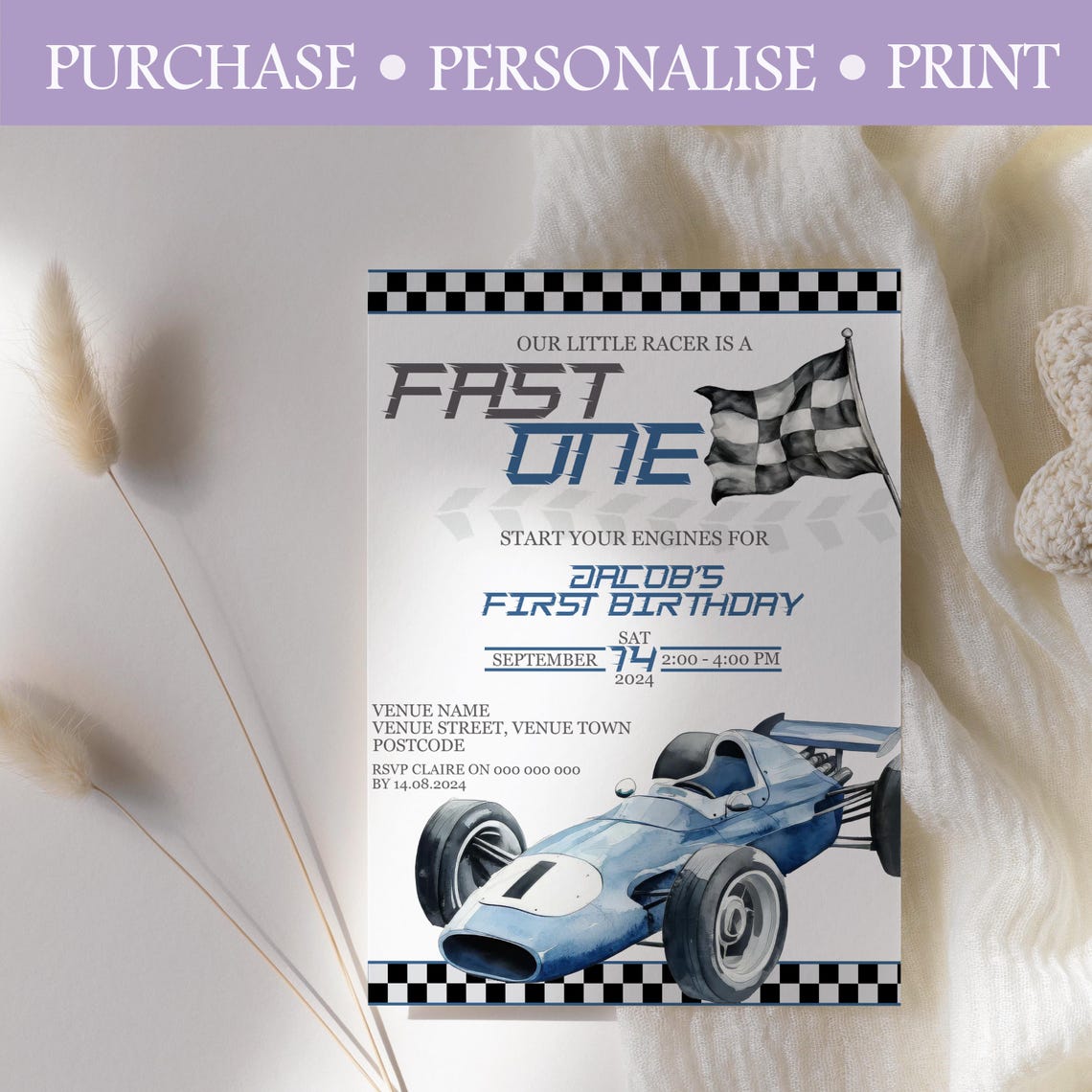 Fast One Birthday Invitation Template. Race Car 1st Birthday Editable ...