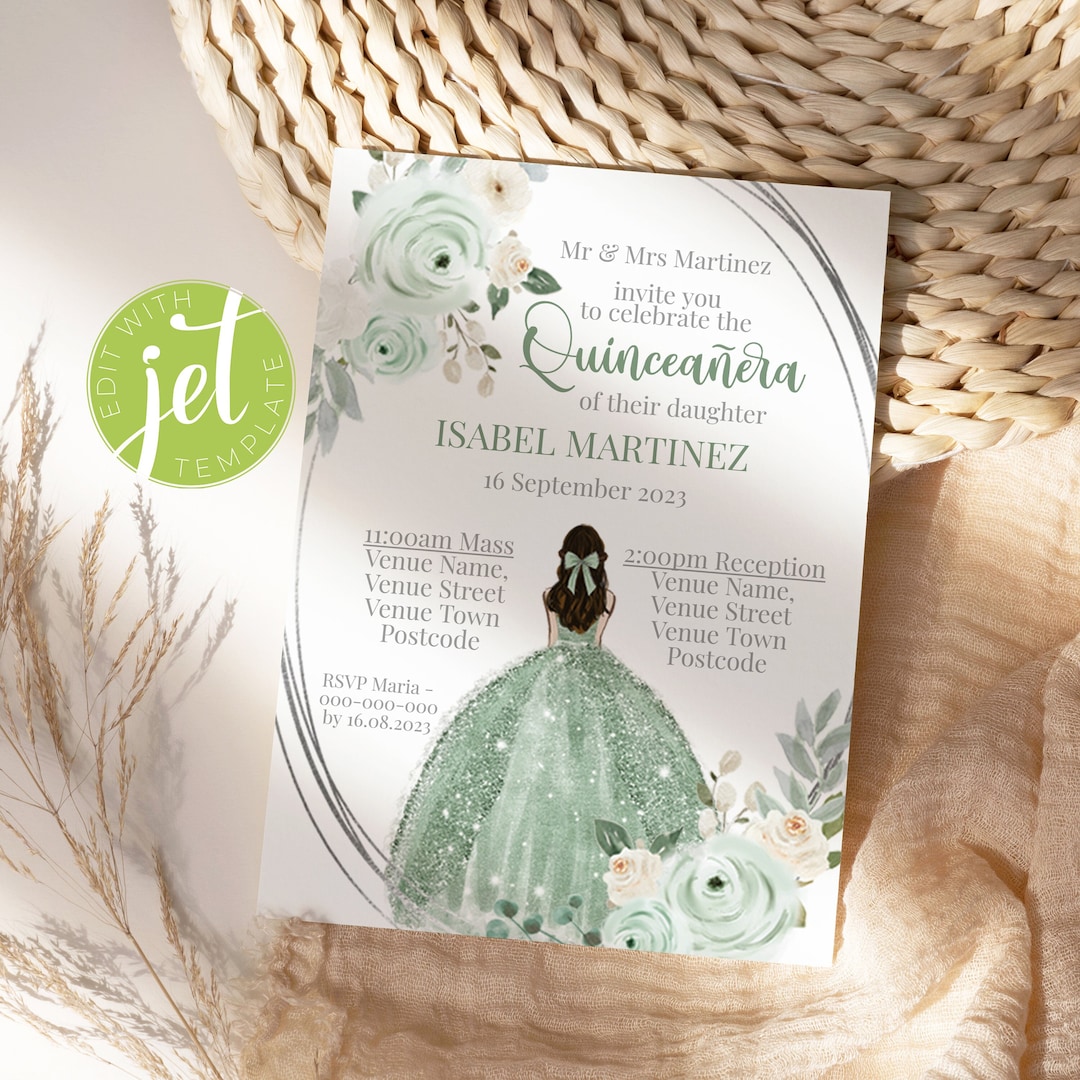 Editable Floral Sage Green and Grey Quinceanera Invitation. Mis Quince ...