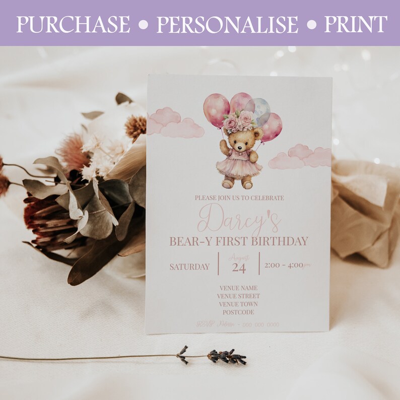 Editable Beary First 1st Birthday, Brown Teddy Bear and Balloons ...