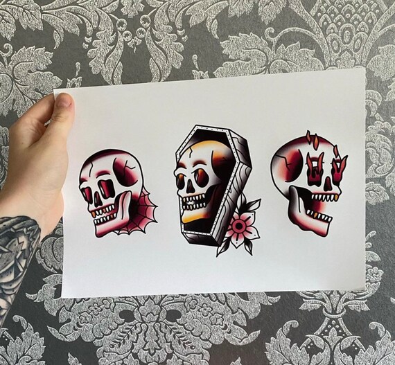 Original American Traditional Tattoo Flash Print Skull Traditional