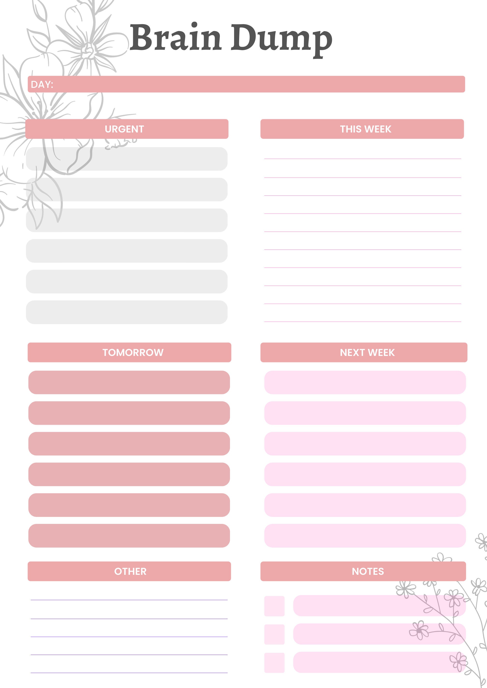 Brain Dump Printable Single Page With Background Flower -for Your ...