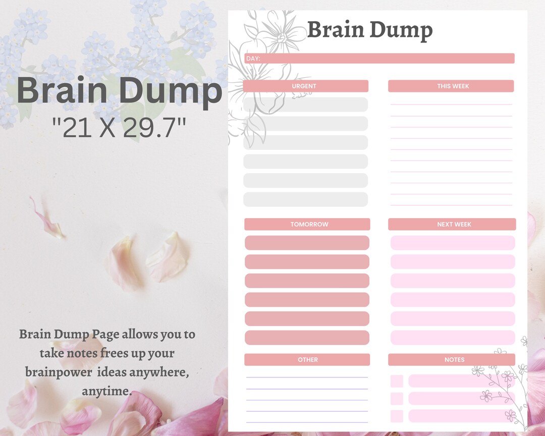 Brain Dump Printable Single Page With Background Flower -for Your ...