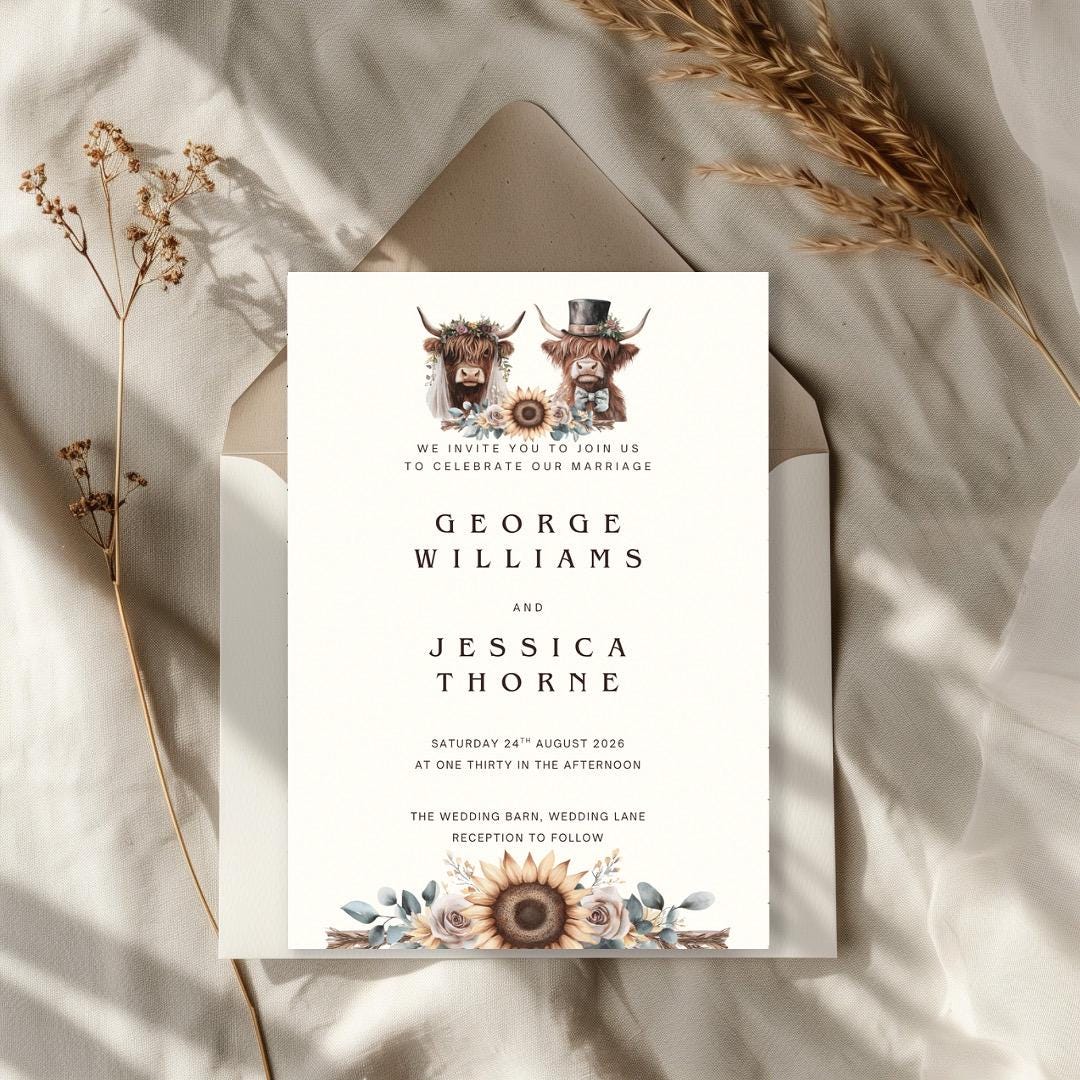 Rustic Highland Cow Wedding Invitation | Boho Sunflower Invite ...