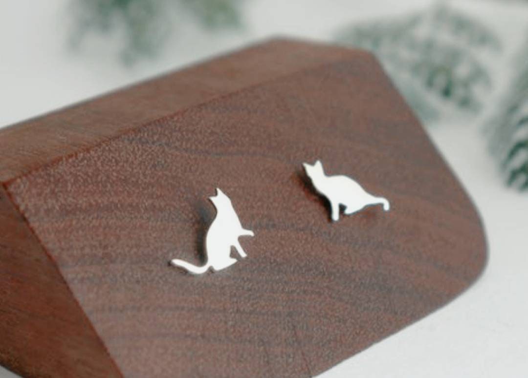 Sterling Silver Cat Stud Earrings, Dainty Handmade Jewelry - Etsy