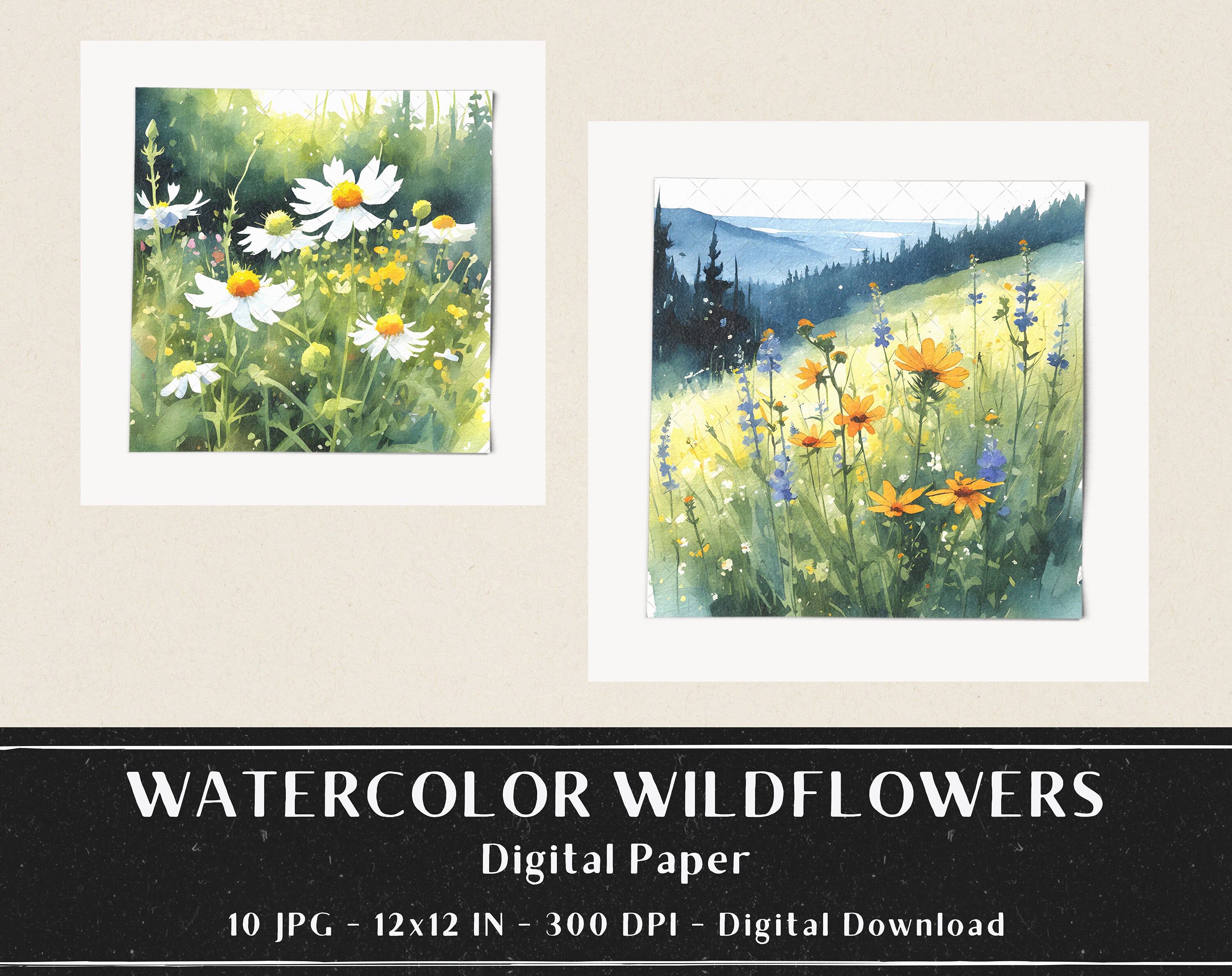 10 Watercolor Wildflowers, Spring Landscape, Floral Digital Paper ...