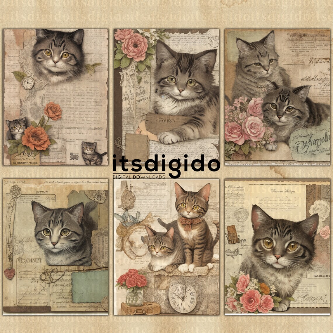 14 Cats and Kittens Digital Paper, Junk Journal Papers, Scrapbooking ...
