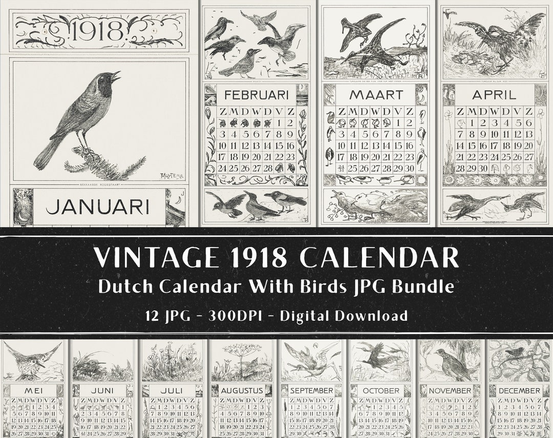 Vintage 1918 Calendar, Animal Calendar, Birds Illustrations, Calendar ...