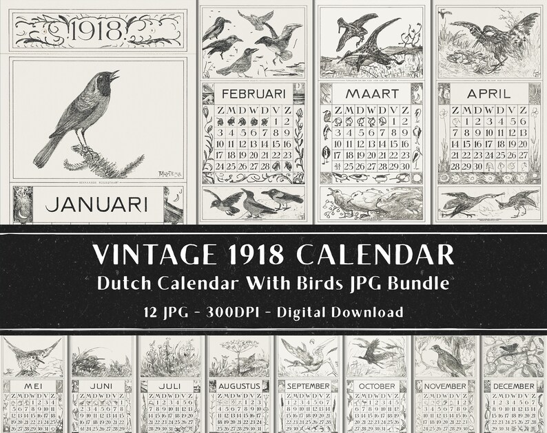 Vintage 1918 Calendar, Animal Calendar, Birds Illustrations, Calendar ...