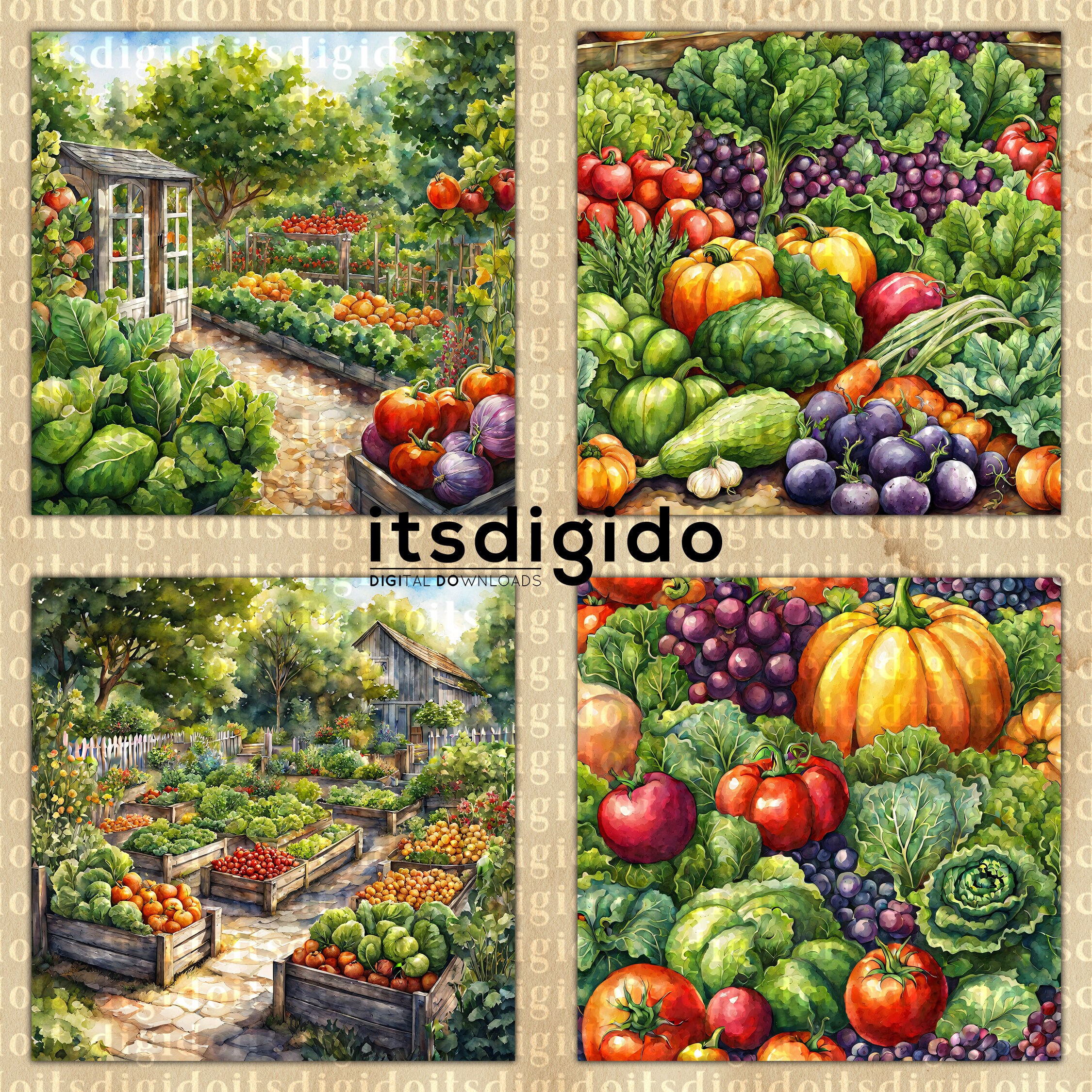 12 Watercolor Vegetable Garden Digital Paper Pack, Junk Journal Papers ...