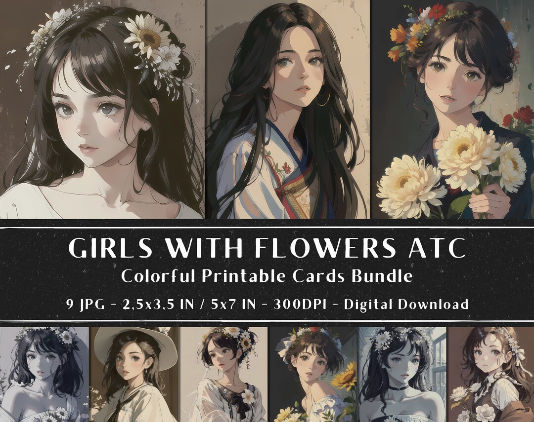 9 Girl With Flowers Drawing ATC Cards, Printable Trading Card, Collage ...
