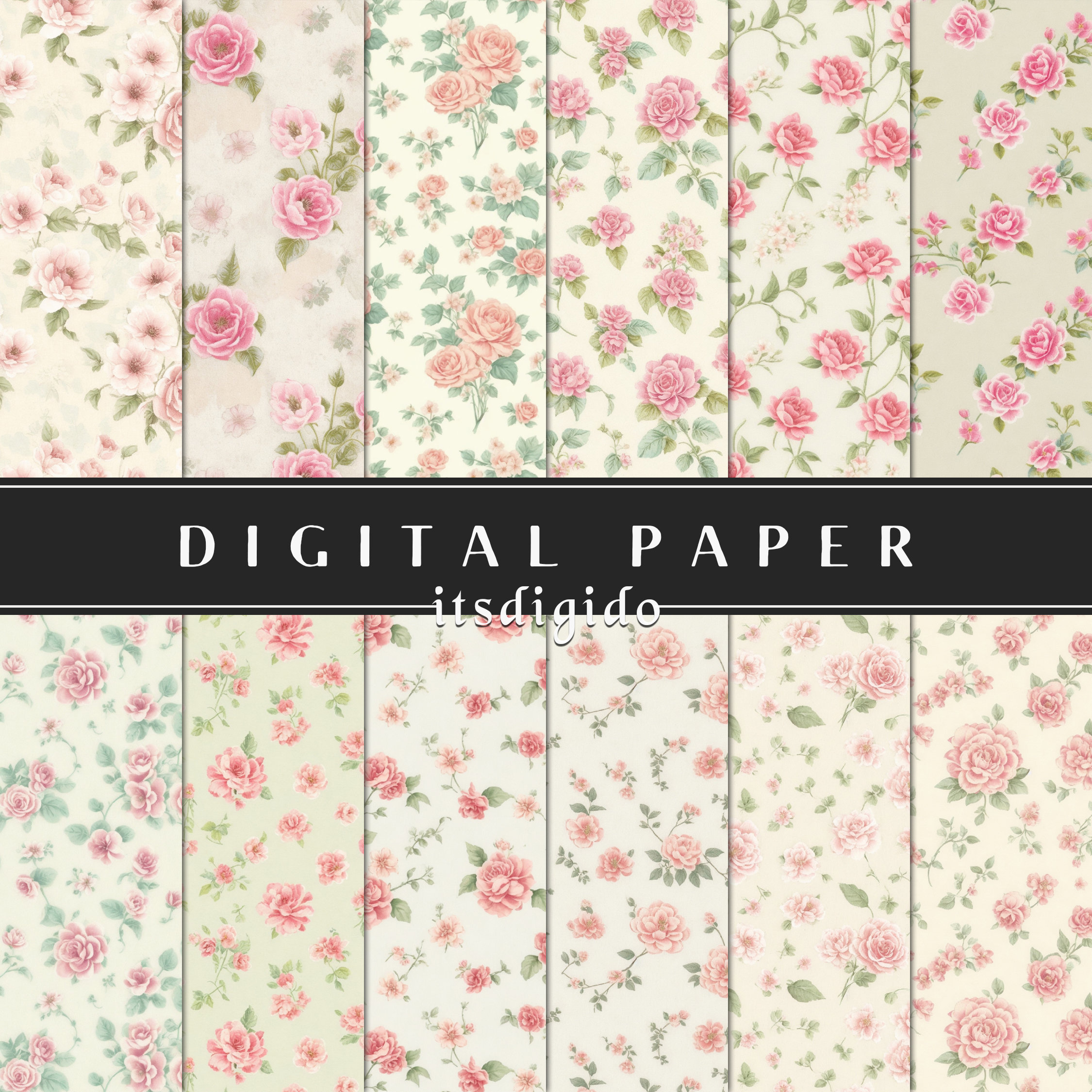 12 Vintage Shabby Chic Digital Paper Pack, Junk Journal Papers, Roses ...