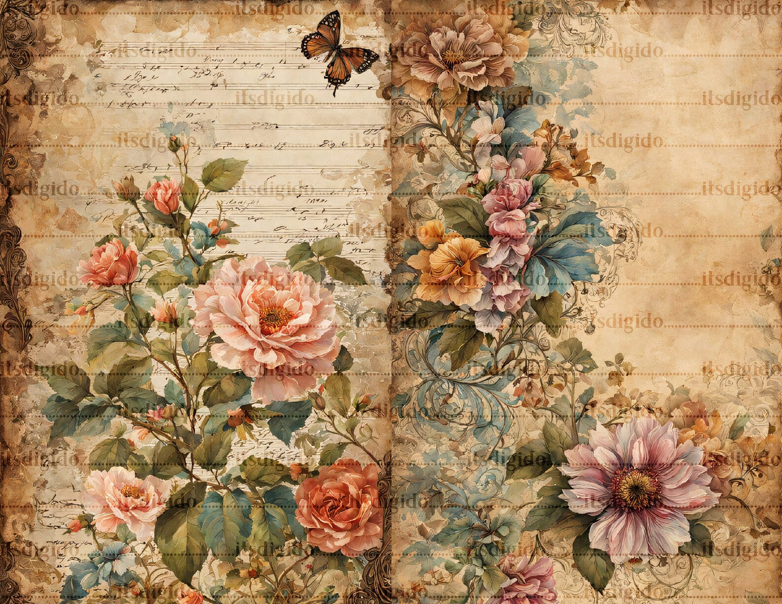 Vintage Boho Floral Digital Kit Printable A5 Antique Floral Papers ...